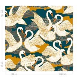 Bilderwelten Vorhang Wei&szlig;e Schw&auml;ne auf Dunkelblau - blickdichte Gardine Blumen Floral Illustration Muster Tiere Wohnzimmer Schlafzimmer K&uuml;che Bad Badezimmer Beige