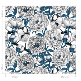 Bilderwelten Vorhang Pfingstrosen und Meisen in Wei&szlig; und Blau - blickdichte Gardine Blumen Floral Illustration Muster Tiere Wohnzimmer Schlafzimmer K&uuml;che Bad