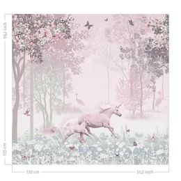 Vorhang Einhorn auf Blumenwiese in Rosa - blickdichte Gardine Illustration Kinder Tiere Kinderzimmer Baby Babyzimmer M&auml;dchen M&auml;dchenzimmer Rosa