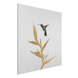 Alu Dibond Outdoor Bild - Kolibri und tropische goldene Bl&uuml;te II - Tiere gold Tropisch wetterfest Pflanzen Wohnzimmer Schlafzimmer
