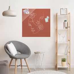 Glasbild Line Art Gesichter Frauen Rosen Kupfer