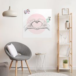 Bilderwelten Glasbild originell Pop Art rosa Glas Wandbild - Illustration Herz H&auml;nde Kreis Rosa Wei&szlig; - Deko Wohnzimmer Schlafzimmer
