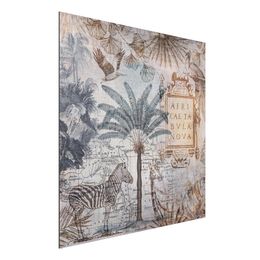 Bilderwelten Alu Dibond Outdoor Bild Tiere beige Vintage wetterfest - Vintage Collage Landkarte Afrika - Pflanzen Wohnzimmer Schlafzimmer
