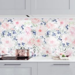 Bilderwelten K&uuml;chenr&uuml;ckwand selbstklebend rosa Illustration Aquarell - Rosa Rosen mit Blaubeeren vor Wei&szlig; I - Rose Spritzschutz nach Ma&szlig;
