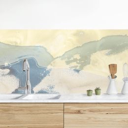 Bilderwelten K&uuml;chenr&uuml;ckwand selbstklebend blau originell Abstrakt Aquarell - Ozean und W&uuml;ste II - Wandfolie Spritzschutz nach Ma&szlig;