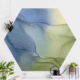 Hexagon Fototapete selbstklebend Meliertes Blaugrau mit Moosgr&uuml;n