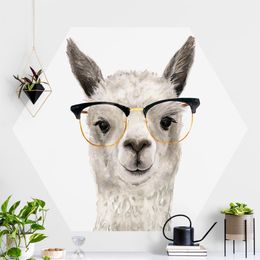 Hexagon Fototapete selbstklebend Hippes Lama mit Brille I