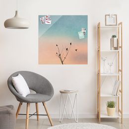 Bilderwelten Glasbild Natur modern petrol Aquarell - V&ouml;gel vor rosa Sonne II - Sonnenuntergang Wohnzimmer Schlafzimmer