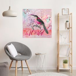 Bilderwelten Glasbild Blumen Vintage pink Glas Wandbild - Vintage Collage - Tropical World Tucan - Retro Wohnzimmer Schlafzimmer