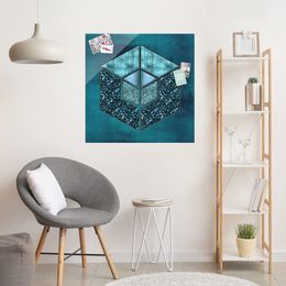 Bilderwelten Glasbild Illustration petrol Glas Wandbild - Blaues Hexagon mit Goldkontur - Geometrisch Wohnzimmer Schlafzimmer