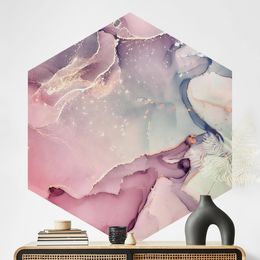 Bilderwelten Hexagon Fototapete Aquarell Pastell Rosa mit Gold