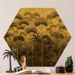Bilderwelten Hexagon Tapete Wald Tropisch Wandtapete gold - Hohe B&auml;ume im Dschungel in goldener T&ouml;nung - B&auml;ume Wohnzimmer Schlafzimmer