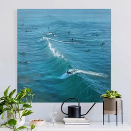 Bilderwelten Leinwandbild Strand Motiv Kunstdruck blau - Surfer am Huntington Beach - Landschaft XXL Wohnzimmer Schlafzimmer