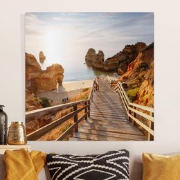 Bilderwelten Leinwandbild Strand Motiv 3D-Effekt orange - Traumstrand in Portugal - Steg XXL Wohnzimmer Schlafzimmer