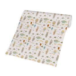 Bilderwelten Fototapete Tiere Illustration Wandtapete beige - Ballons und Tiere Muster - Ballon Kinderzimmer Baby M&auml;dchen Jungen