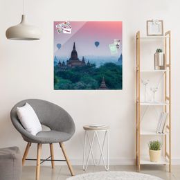 Bilderwelten Glasbild Stadt Motiv gr&uuml;n Glas Wandbild - Hei&szlig;luftballons &uuml;ber Tempelanlage - Architektur Wohnzimmer Schlafzimmer
