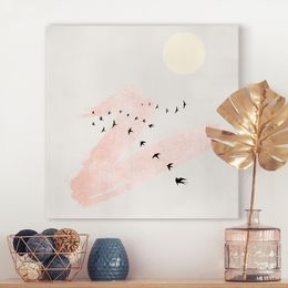 Bilderwelten Leinwandbild Tiere Abstrakt Kunstdruck rosa - Vogelschwarm vor Rosa Himmel - Himmel XXL Wohnzimmer Schlafzimmer