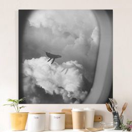 Bilderwelten Leinwandbild Tiere Digital Art Kunstdruck schwarz weiss - Fliegender Wal in den Wolken - Flugzeug & Hubschrauber XXL Wohnzimmer Schlafzimmer