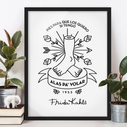 Bilderwelten Bild mit Rahmen Spr&uuml;che schwarz weiss Illustration inkl. Rahmung - Frida Kahlo Alas pa ́ Volar - Spr&uuml;che Wohnzimmer Schlafzimmer