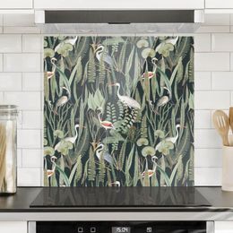 Bilderwelten Glas Spritzschutz Tropisch gr&uuml;n Tiere Aquarell - Flamingos und St&ouml;rche mit Pflanzen auf Gr&uuml;n - Pflanzen K&uuml;chenr&uuml;ckwand aus Glas