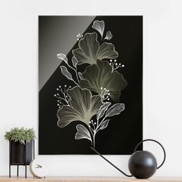 Bilderwelten Glasbild Illustration gr&uuml;n Glas Wandbild - Illustration Ginkobl&auml;tter Dunkelgr&uuml;n - Deko Wohnzimmer Schlafzimmer