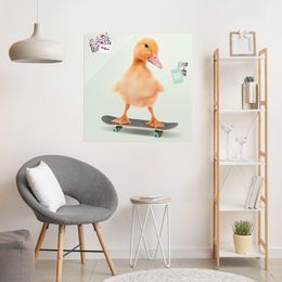 Bilderwelten Glasbild Tiere Digital Art gelb Glas Wandbild - Skate Ente - Lustig Wohnzimmer Schlafzimmer
