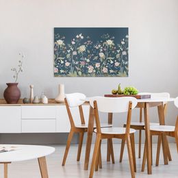 Bilderwelten Leinwandbild Blumen Illustration Kunstdruck blau - Illustrierte Blumen Chinoiserie auf Dunkelblau - Schmetterlinge XXL Wohnzimmer Schlafzimmer