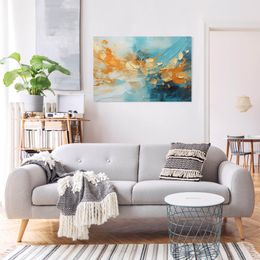 Bilderwelten Leinwandbild originell Abstrakt Kunstdruck gold - Impasto T&uuml;rkis und Ocker - Wandbild XXL Wohnzimmer Schlafzimmer