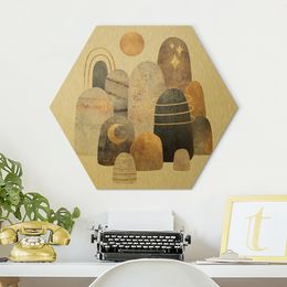 Bilderwelten Alu-Dibond Bild Hexagon originell grau Abstrakt - Gold Berge mit Mond - Deko Wohnzimmer Schlafzimmer