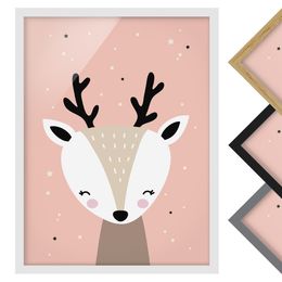 Bilderwelten Bild mit Rahmen Tiere rosa Illustration inkl. Rahmung - Gl&uuml;ckliches Reh - Hirsch Kinderzimmer Baby M&auml;dchen Jungen
