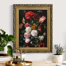 Bilderwelten Bild mit Barockrahmen Antik Blumen modern Barock bunt - Jan Davidsz de Heem - Stillleben mit Blumen in einer Glasvase - edle Optik Wohnzimmer