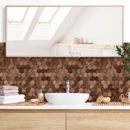Bilderwelten Wandverkleidung Bad Holz Hexagone Muster Akazie