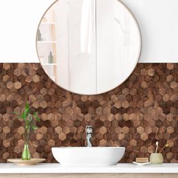 Wasserfeste Wandverkleidung Bad - Holz Hexagone Muster Akazie - Wandpaneel statt Fliesen modern Holzoptik braun