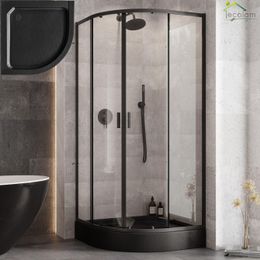 ECOLAM Duschkabine + Duschwanne 80x80 cm Viertelkreis R 55 Duschtasse Dusche schwarz black Stein Effekt Siphon SET