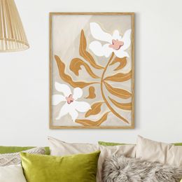 Bilderwelten Bild mit Rahmen Blumen gelb modern inkl. Rahmung - Wei&szlig;e Bl&uuml;ten mit gelben Bl&auml;ttern - Deko Wohnzimmer Schlafzimmer