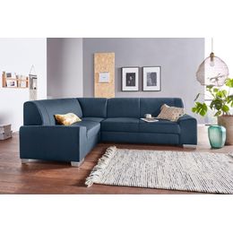 Ecksofa DOMO collection "Anzio in kubischer Formensprache, flache Armlehnen, L-Form", blau (dunkelblau), B:259cm H:85cm T:191cm, Sofas, Ecksofa, Wahlweise mit Bettfunktion und Federkern f&uuml;r hohen Sitzkomfort