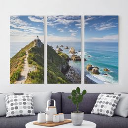 Bilderwelten 3-teiliges Leinwandbild - Querformat Nugget Point Leuchtturm und Meer Neuseeland