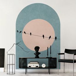 Bilderwelten Rundbogen Tapete V&ouml;gel vor rosa Sonne I - Schlafzimmer Wohnzimmer - hinterm Bett - halbrund rund - selbstklebend Fototapete