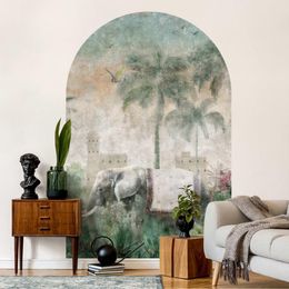 Bilderwelten Rundbogen Tapete Vintage Dschungel Szene mit Elefant - Schlafzimmer Wohnzimmer - hinterm Bett - halbrund rund - selbstklebend Fototapete