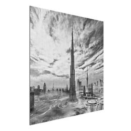 Bilderwelten Alu Dibond Outdoor Bild Stadt schwarz weiss Motiv wetterfest - Dubai Super Skyline - Architektur Wohnzimmer Schlafzimmer