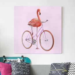 Bilderwelten Leinwandbild Flamingo mit Fahrrad