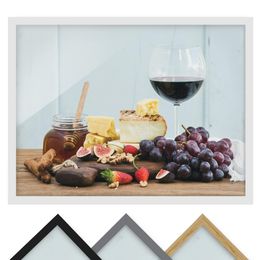 Bilderwelten Bild mit Rahmen Kulinarisch beige modern inkl. Rahmung - K&auml;se und Wein - Deko K&uuml;che