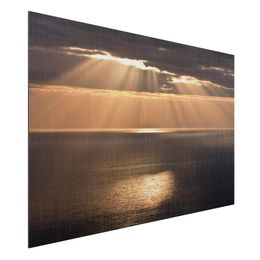 Bilderwelten Alu Dibond Outdoor Bild Strand gold Motiv wetterfest - Sonnenstrahlen &uuml;ber dem Meer - Landschaft Wohnzimmer Schlafzimmer