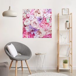 Bilderwelten Glasbild Blumen Shabby rosa Glas Wandbild - Shabby Rosen mit Glockenblumen - Rose Wohnzimmer Schlafzimmer