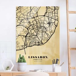 Bilderwelten Glasbild Spr&uuml;che modern schwarz weiss Glas Wandbild - Stadtplan Lissabon - Klassik - Karten Wohnzimmer Schlafzimmer