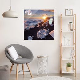 Bilderwelten Glasbild Strand Motiv blau Glas Wandbild - Eisbrocken am Strand Island - Sonnenuntergang Wohnzimmer Schlafzimmer