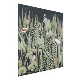 Bilderwelten Alu Dibond Outdoor Bild Tiere gr&uuml;n Vintage wetterfest - Flamingo und Storch mit Pflanzen auf Gr&uuml;n - Pflanzen Wohnzimmer Schlafzimmer