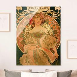 Bilderwelten Glasbild Blumen Vintage rosa Glas Wandbild - Alfons Mucha - Plakat f&uuml;r F. Champenois - Retro Wohnzimmer Schlafzimmer