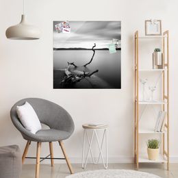 Bilderwelten Glasbild Natur Motiv schwarz weiss Glas Wandbild - Sonnenuntergang am See schwarz-wei&szlig; - Landschaft Wohnzimmer Schlafzimmer