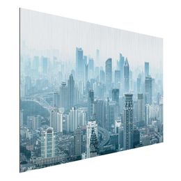 Bilderwelten Alu Dibond Outdoor Bild Stadt blau Motiv wetterfest - K&uuml;hles Shanghai - Architektur Wohnzimmer Schlafzimmer